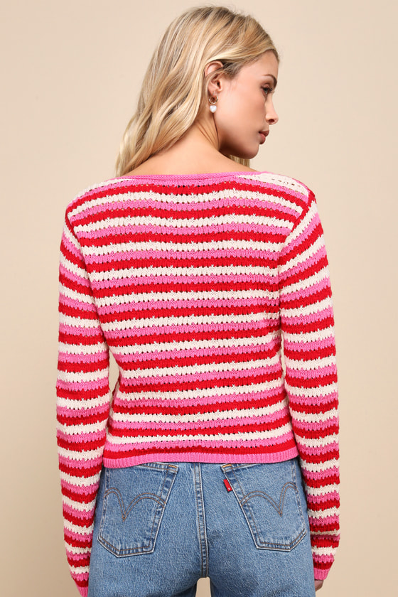 Red & Pink Striped Sweater - Cardigan Sweater - Knit Cardigan - Lulus