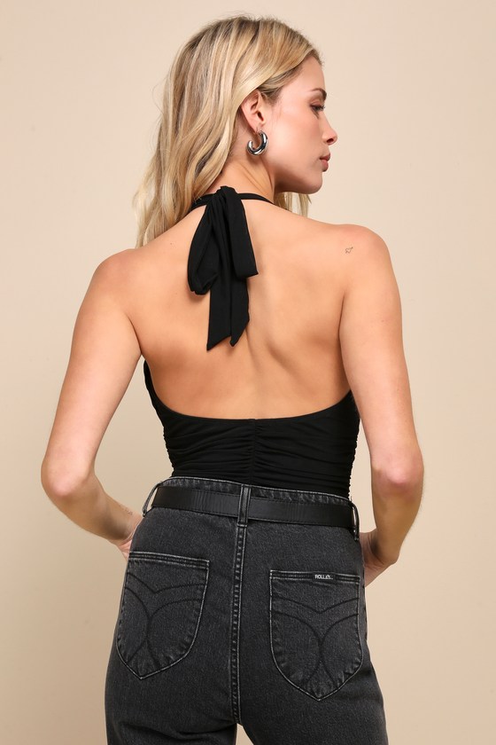 Black Mesh Bodysuit - Halter Bodysuit - Ruffled Halter Bodysuit - Lulus