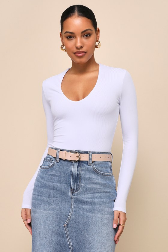 White Ribbed Bodysuit - Long Sleeve Bodysuit - V-Neck Top - Lulus