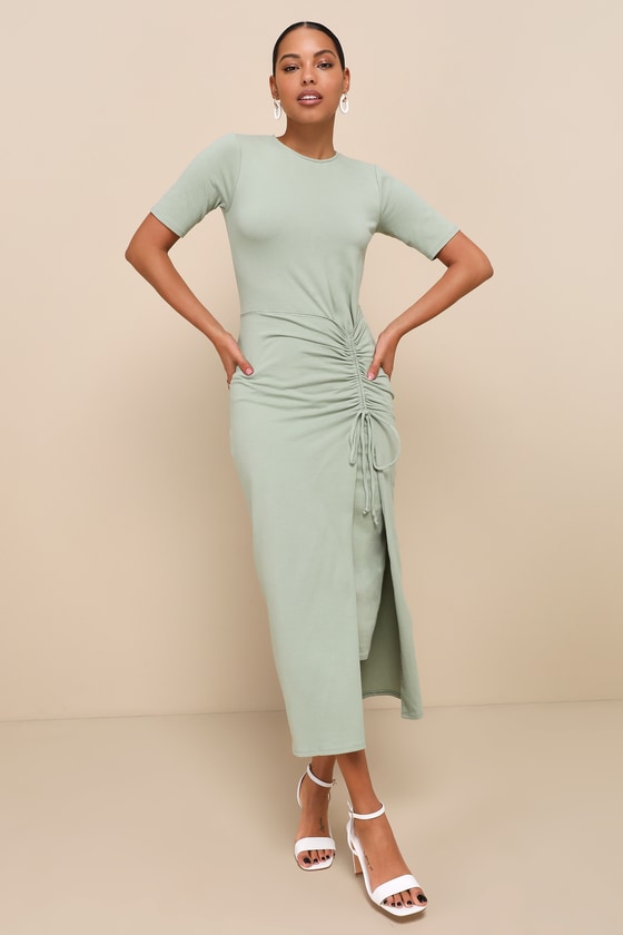 Sage Green Midi Dress - Short Sleeve Dress - Ruched Dress - Lulus