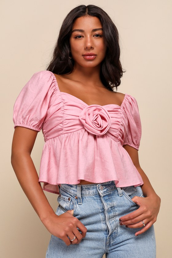 Cute Rose Pink Top - Ruched Top - Puff Sleeve Top - Rosette Top - Lulus