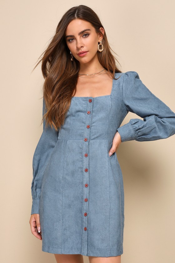 Blue Corduroy Mini Dress - Button-Up Dress - Long Sleeve Dress - Lulus