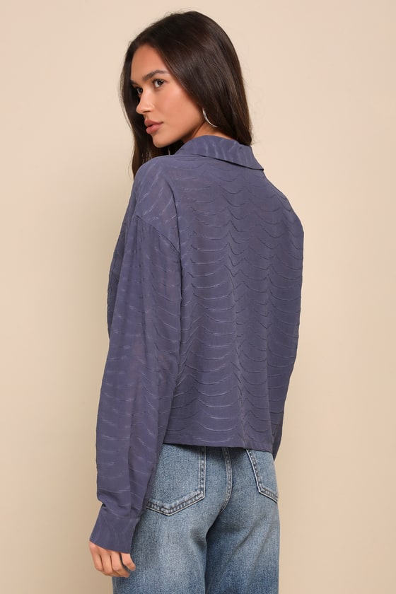 Slate Blue Top - Textured Wavy Top - Wavy Button-Up Cropped Top - Lulus