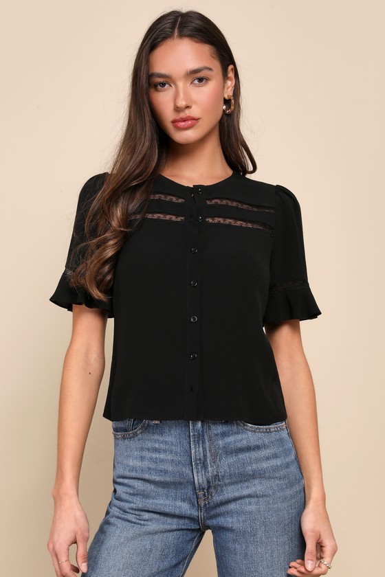 Black Short Sleeve Top - Button-Up Top - Lace Detail Top - Lulus