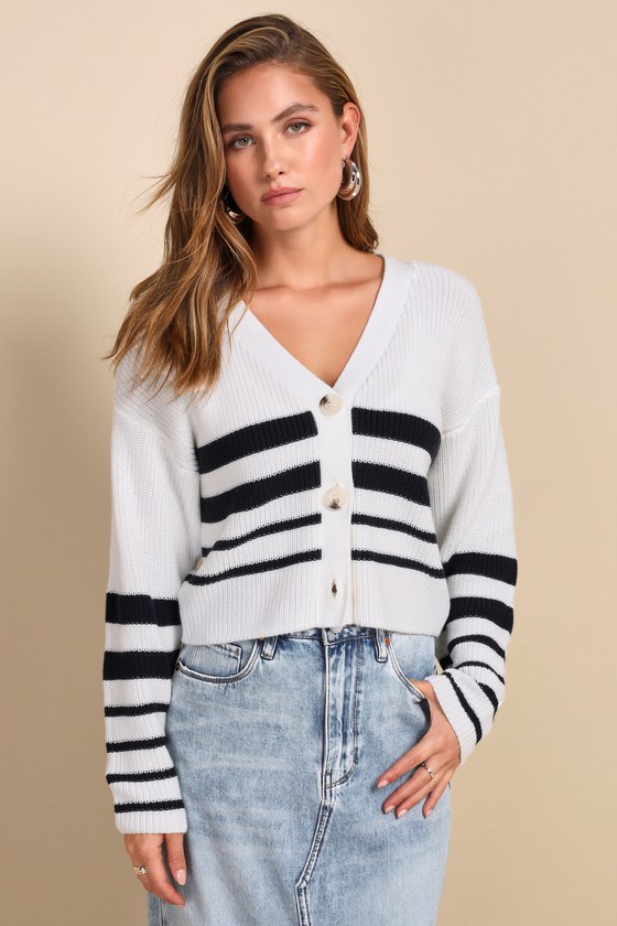 White Striped Cardigan - Button-Up Cardigan - V-Neck Cardigan - Lulus