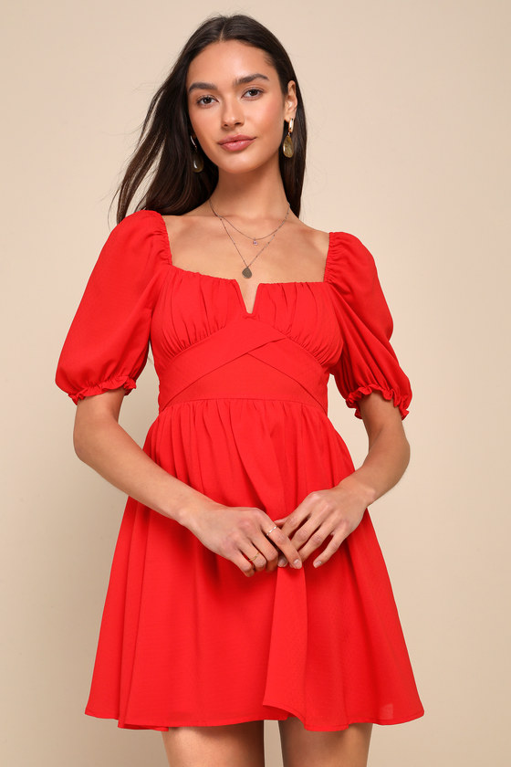 Red Puff Sleeve Dress - Notch Neck Dress - Puff Sleeve Mini Dress - Lulus
