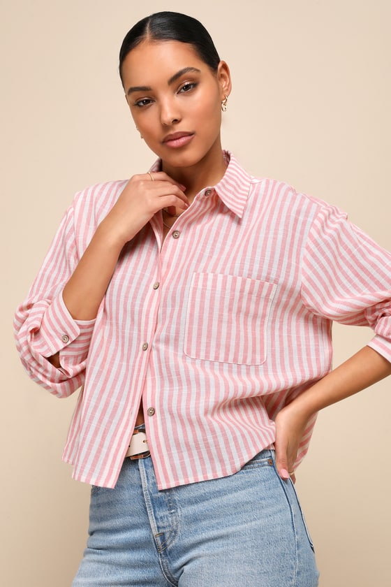 Pink and Ivory Top - Striped Collared Top - Button-Up Crop Top - Lulus