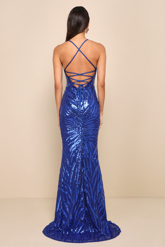 Shiny Royal Blue Gown Mermaid Maxi Dress Lace Up Maxi Dress Lulus