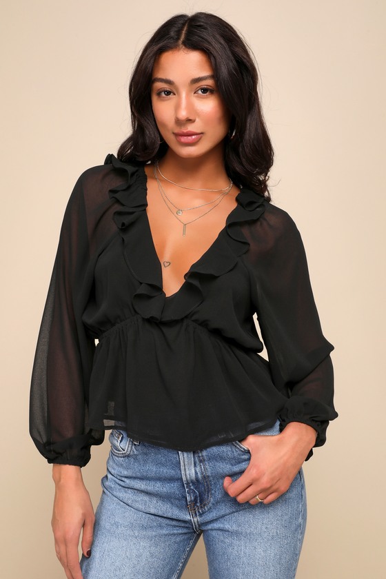 Black Chiffon Top Ruffled Top Balloon Sleeve Top Blouse Lulus