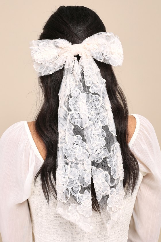Ivory Sheer Floral Hair Bow - Lace Hair Bow - Hair Bow Barrette - Lulus