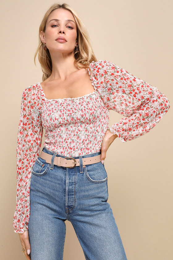 Ivory Floral Top - Mesh Smocked Top - Long Sleeve Square Neck Top - Lulus