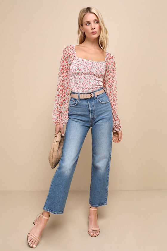 Ivory Floral Top - Mesh Smocked Top - Long Sleeve Square Neck Top - Lulus