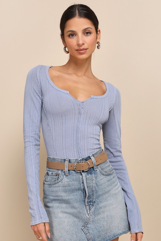 Free People Eyes on You - Blue Ribbed Top - Pointelle Knit Top - Lulus