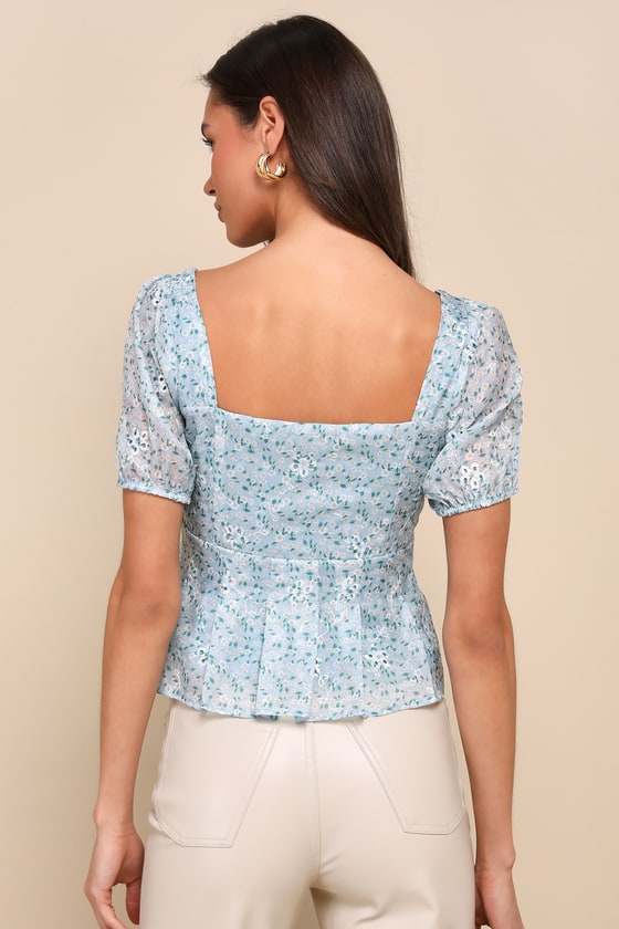 Blue Floral Top - Embroidered Pleated Blouse - Puff Sleeve Top - Lulus