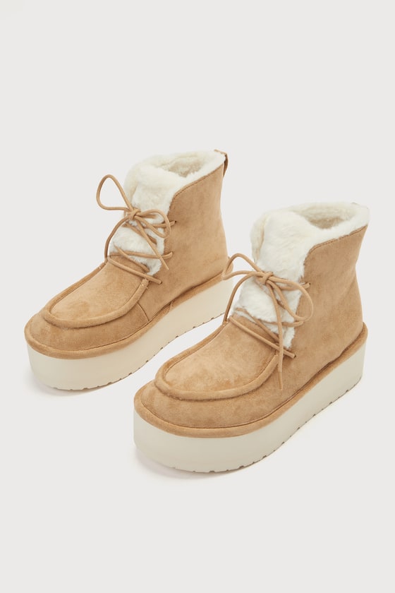 Madden Girl Sand Fab - Tan Suede Booties - Faux Fur Lace-Up Boots - Lulus