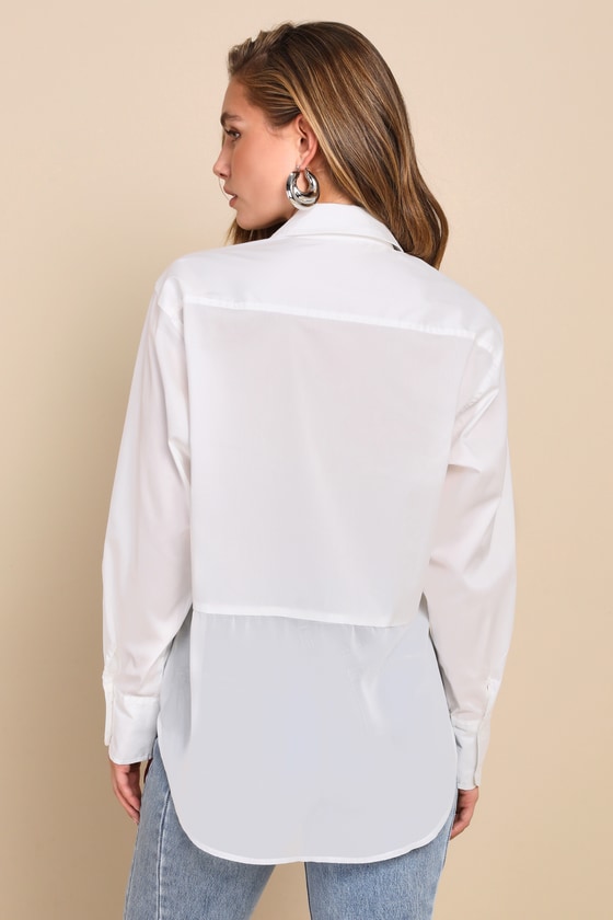 White Sheer Panel Top - Long Sleeve Button-Up Top - Button-Down - Lulus