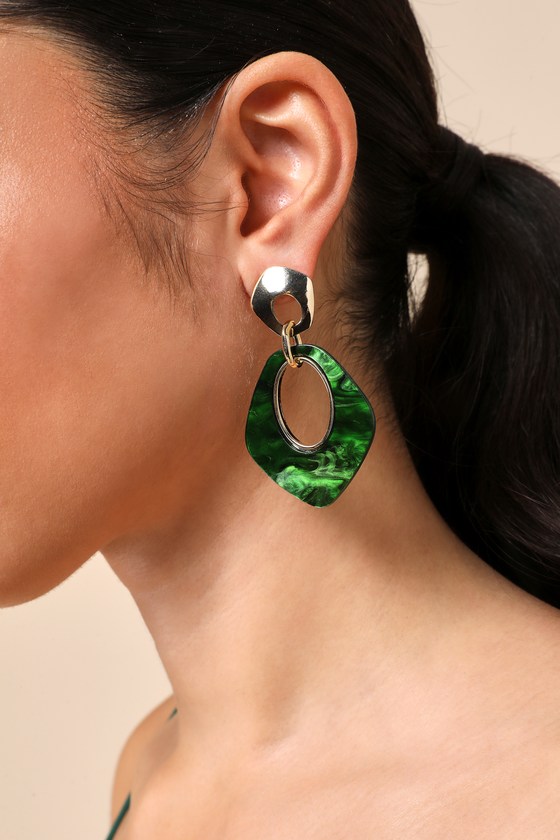 Gold and Green Earrings - Geometric Earrings - Statement Earrings - Lulus