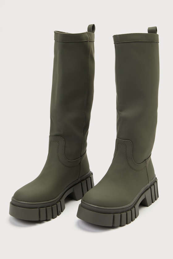 Green Knee-High Boots - Platform Lug Sole Boots - Slip-On Boots - Lulus