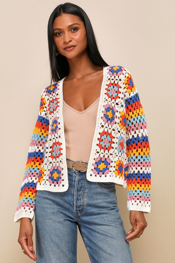 Ivory Mutli Cardigan - Crochet Knit Cardigan - Open-Front Cardi - Lulus