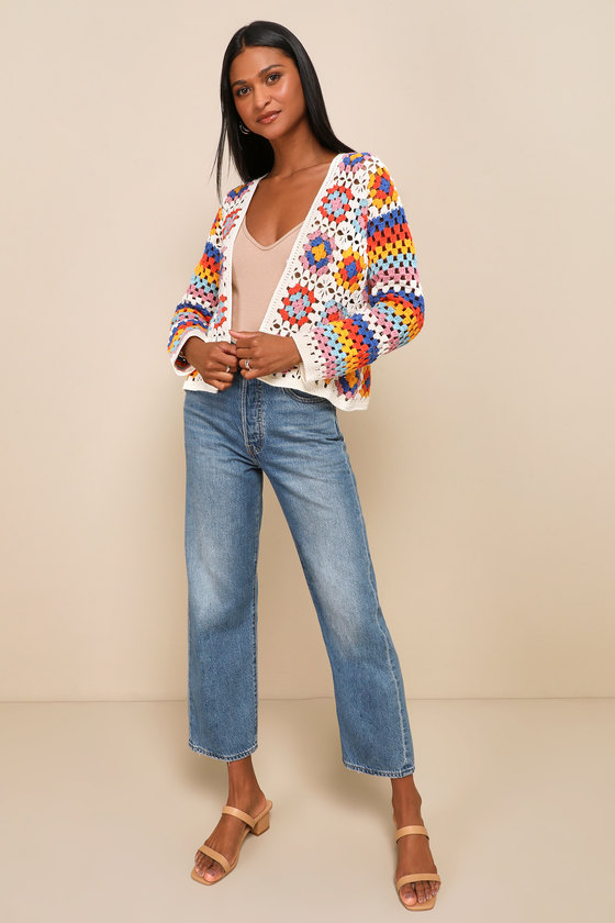 Ivory Mutli Cardigan - Crochet Knit Cardigan - Open-Front Cardi - Lulus