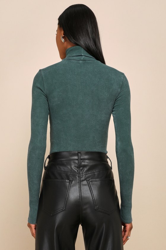 Washed Green Bodysuit - Turtleneck Top - Ribbed Knit Bodysuit - Lulus