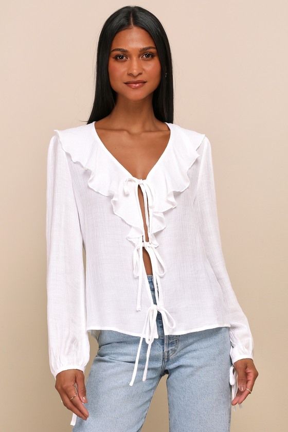 Ivory Ruffled Top - Tie-Front Top - Cute Long Sleeve Top - Lulus