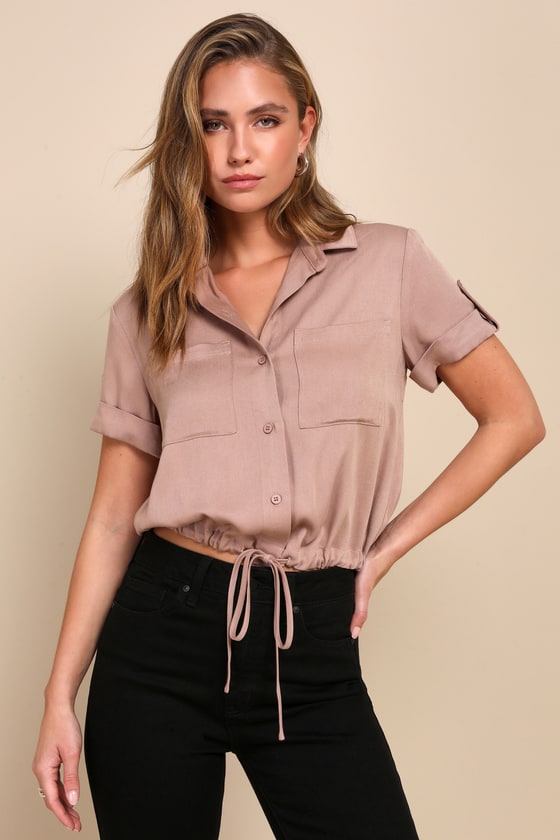Khaki Twill Top - Drawstring Button-Up Top - Short Sleeve Top - Lulus