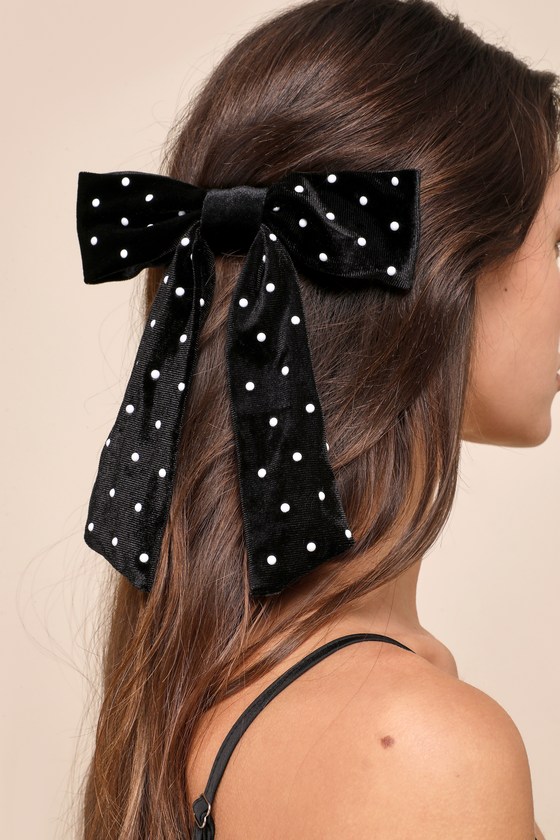 Black Hair Bow - Velvet Polka Dot Bow - Hair Bow Clip - Hair Bow - Lulus