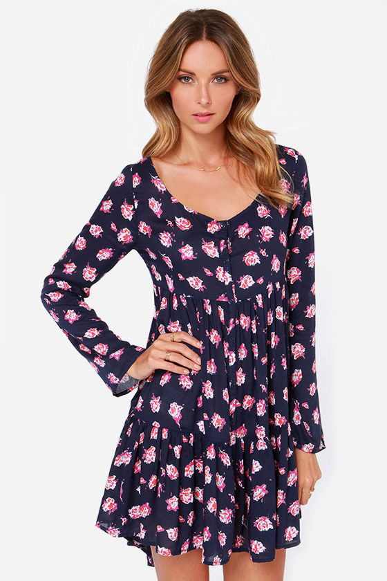 Volcom Nevermore - Navy Blue Dress - Floral Print Dress - Long Sleeve ...