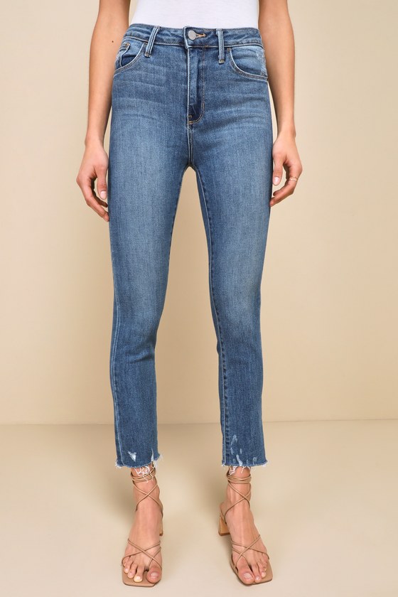 Medium Wash Straight Jeans - Slim Raw Hem Jeans - High-Rise Jeans - Lulus