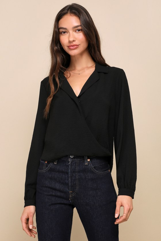 Black Surplice Top - Collared Surplice Top - Long Sleeve Top - Lulus