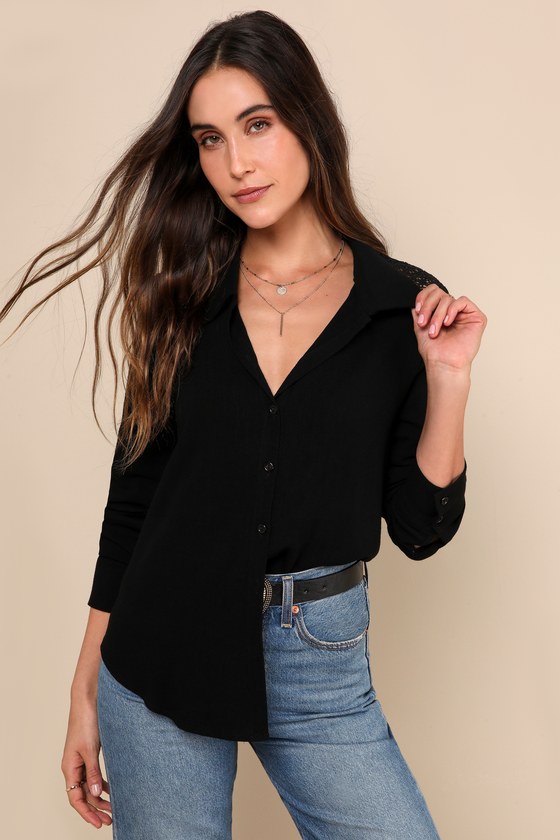 Black Crochet Top - Lace Back Button-Up - Crochet Button-Up Top - Lulus