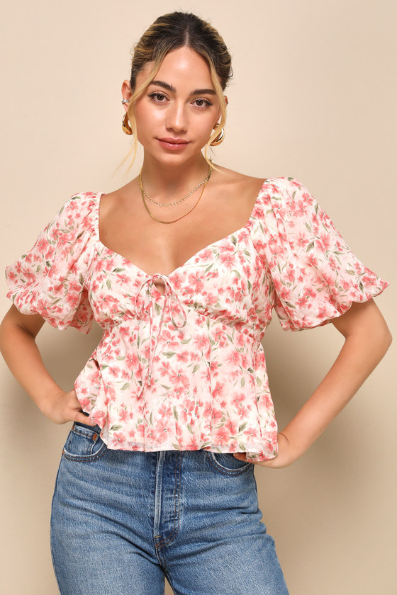 Pink Floral Print Top Puff Sleeve Top Keyhole Detail Top Lulus