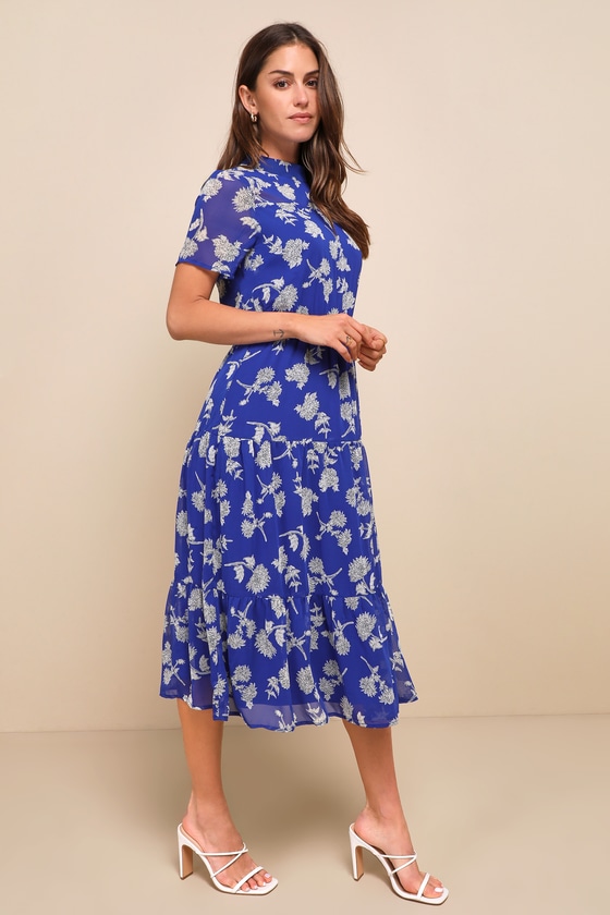 Royal Blue Floral Print Dress Midi Dress Short Sleeve Dress Lulus