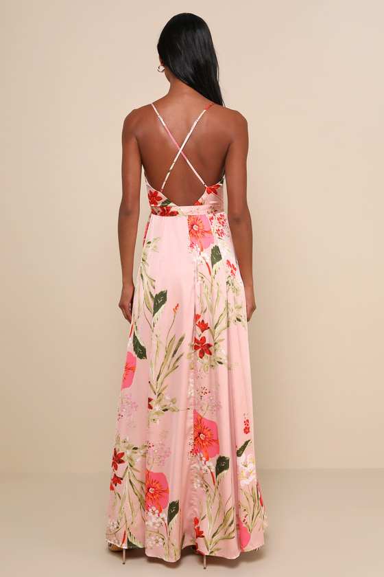 Blush Pink Dress Floral Print Dress Surplice Maxi Dress Lulus