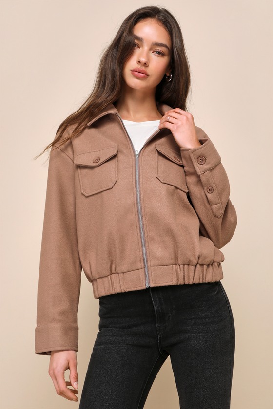 Taupe Bomber Jacket - Collared Bomber Jacket - Zip-Up Jacket - Lulus