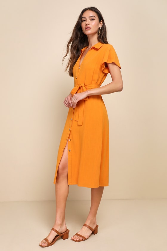 Orange Linen Dress - Button-Up Dress - Midi Short Sleeve Dress - Lulus