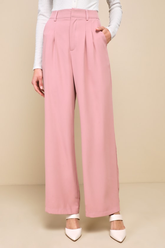 Dusty Rose Pants - Twill Trouser Pants - High Rise Wide-Leg Pants - Lulus