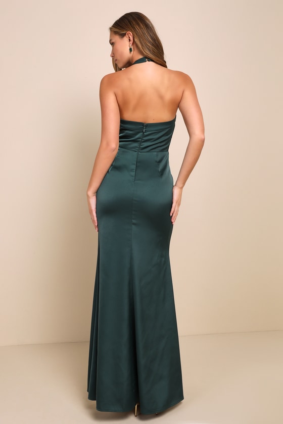Forest Green Satin Dress Pleated Dress Halter Maxi Dress Lulus