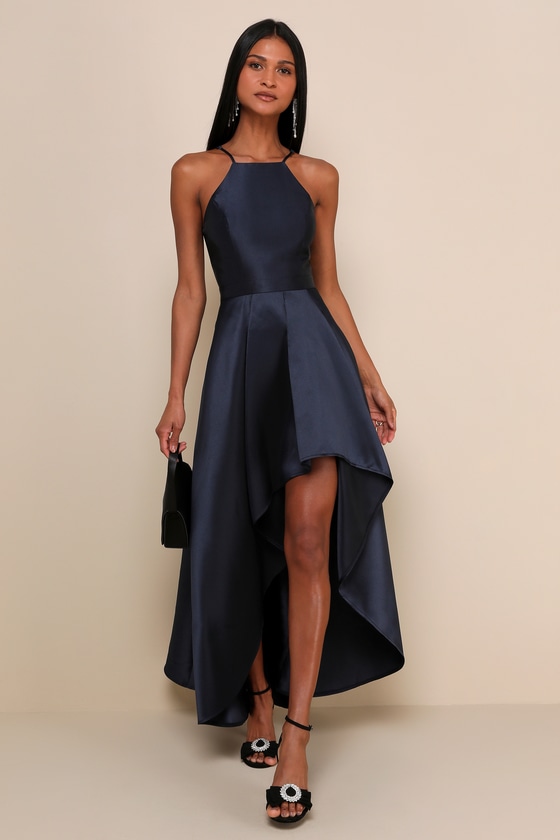 Lovely Navy Blue Dress High Low Dress Satin Gown Lulus