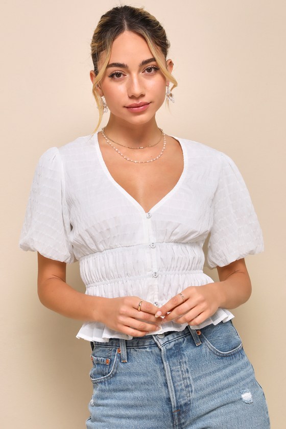 White Smocked Top - Textured Blouse - Cute Puff Sleeve Top - Lulus