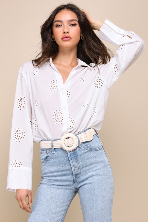 White Cotton Top - Eyelet Embroidered Top - Cotton Button-Up Top - Lulus