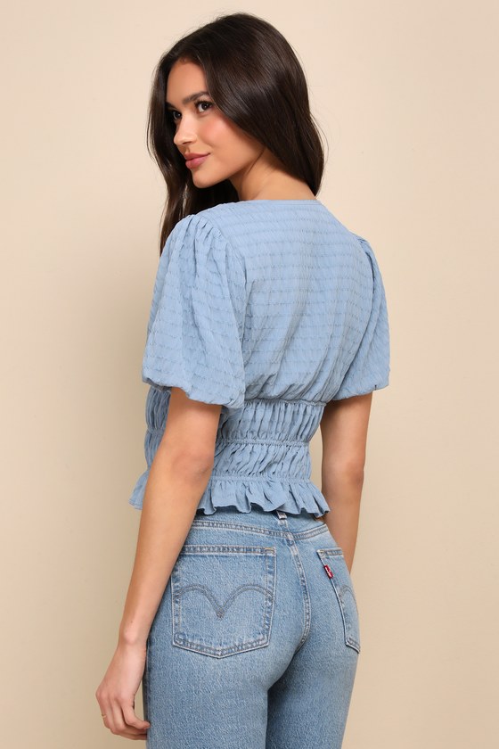 Slate Blue Smocked Top - Textured Blouse - Cute Puff Sleeve Top - Lulus
