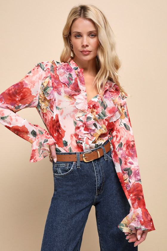 Pink Floral Print Top - Ruffled Button-Up Top - Long Sleeve Top - Lulus