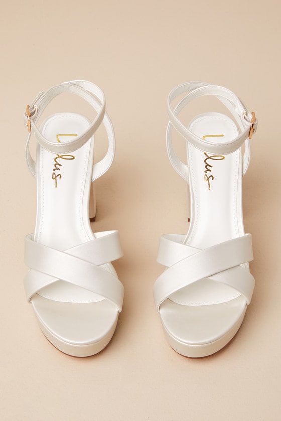 Ivory Satin Heels - Ivory Platform Heels - Ankle Strap Heels - Lulus