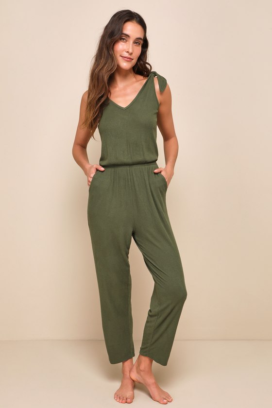 Cute Olive Green Jumpsuit - Tie-Strap Jumpsuit - Knit Jumpsuit - Lulus