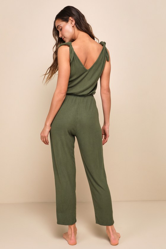 Cute Olive Green Jumpsuit - Tie-Strap Jumpsuit - Knit Jumpsuit - Lulus