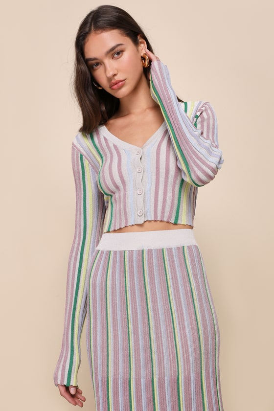 Taupe Multi Striped Cardi - Ribbed Knit Sweater - Cardigan - Lulus