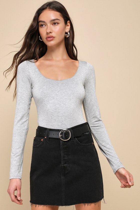 Grey Bodysuit - Long Sleeve Bodysuit - Scoop Neck Bodysuit - Lulus
