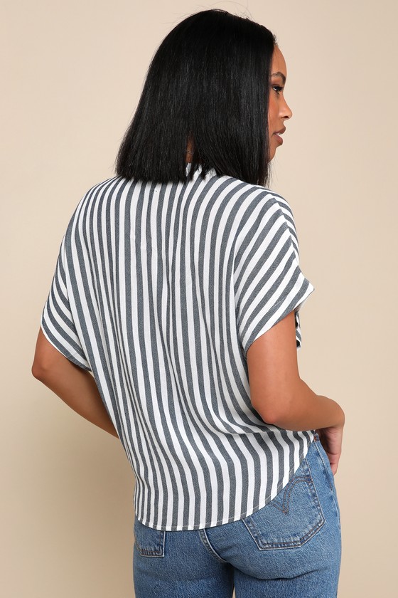 Grey and White Top -Striped Tie Front Top - Short Sleeve Top - Lulus